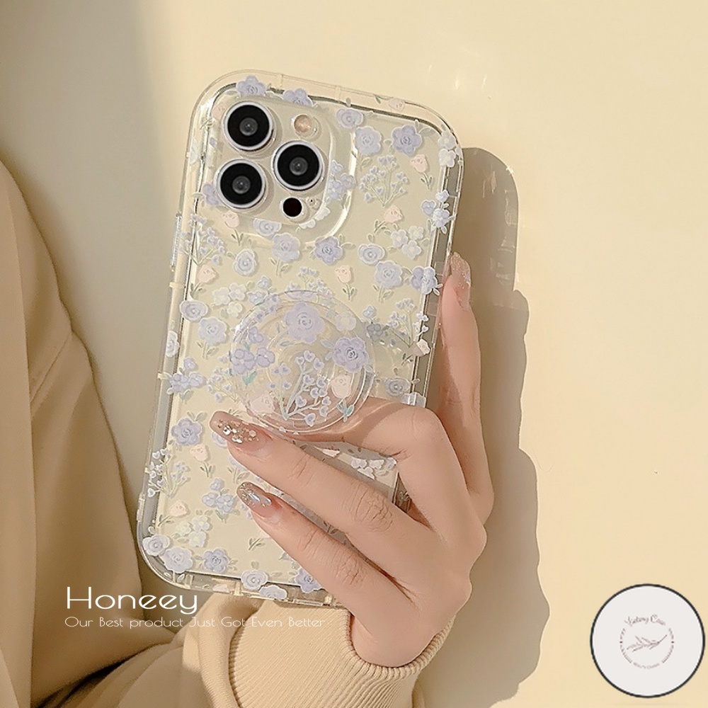VC For iPhone 14 Pro Max INS Blue Flower Floral Bracket Casing iPhone 11 Clear Shockproof TPU ...
