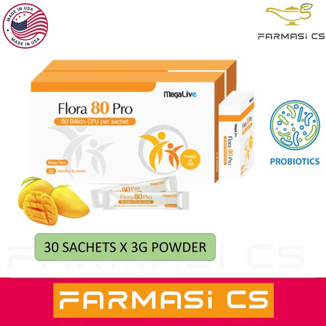 MegaLive Flora 80 Pro 3g x 30 Sachets + 10 Sachets DATE [ Mango Flavour, 80 Billon CFU ...