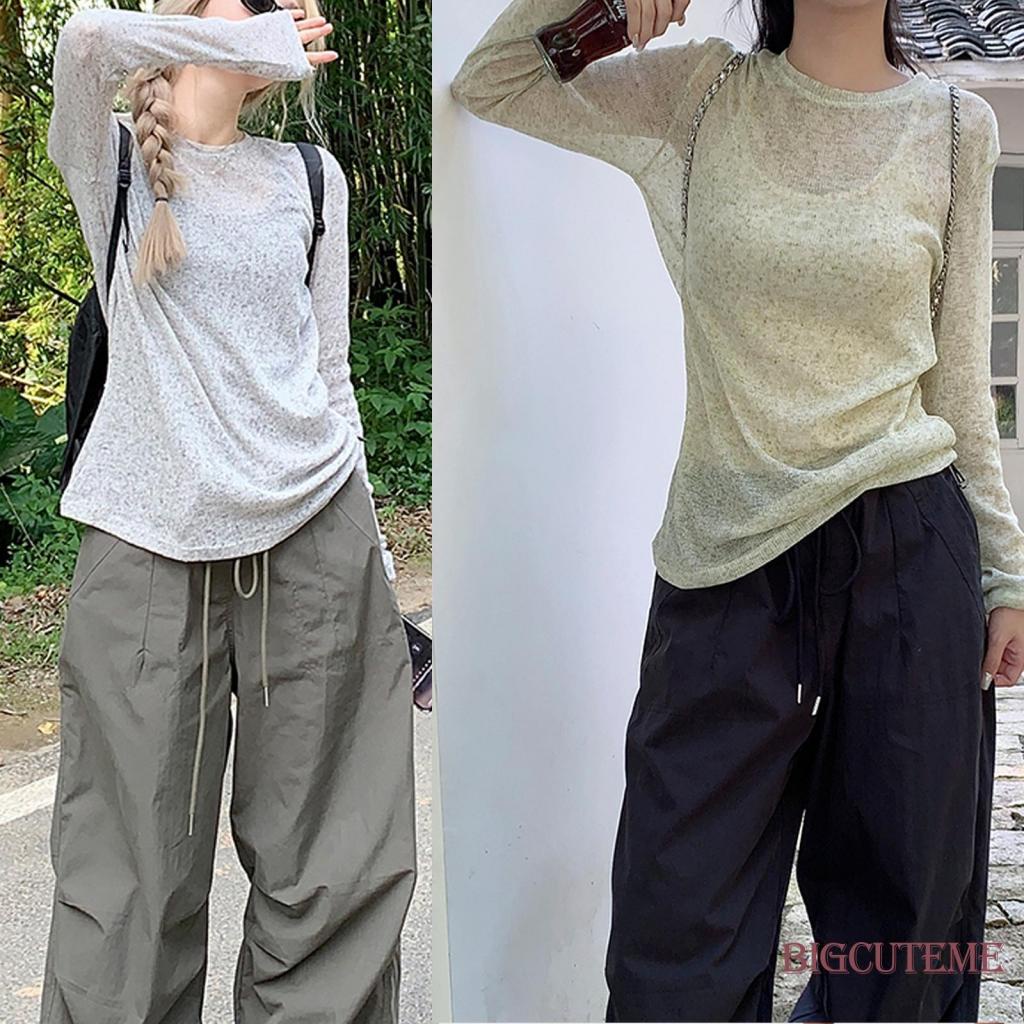 []-Women Long Sleeve Tops Casual Solid Color Loose Sun Protection T ...