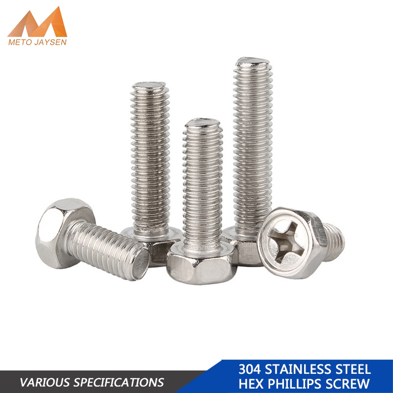 M4 M5 M6 M8 304 Stainless Steel External Hex Hexagon Head Phillips Screws with Full Thread Cross ...
