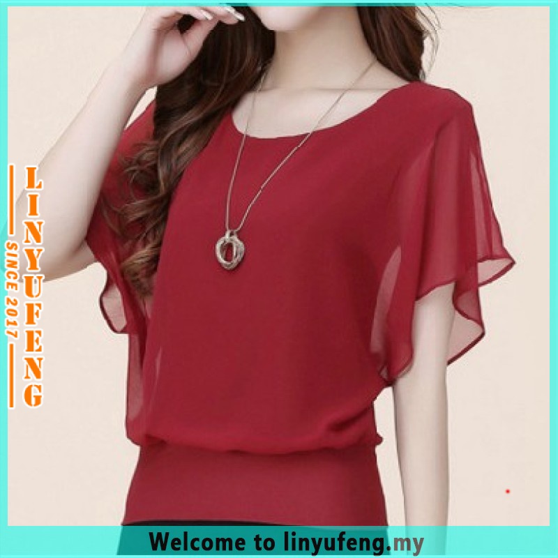Plus Size M-5XL Batwing Baggy Blouse Women Chiffon ironless Plain V Neck Short Sleeve Korean ...