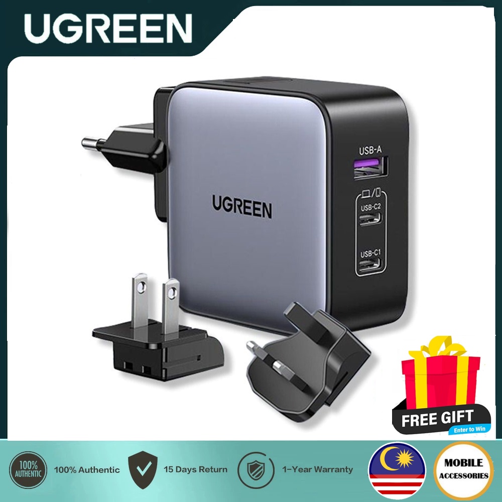 UGREEN 65W GaN PD Fast Travel Charger Quick Charge - 2C1A 2 Type C 1 USB A Charger with UK/EU/US ...