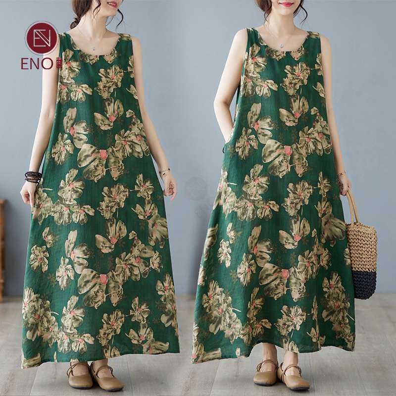 ENO New Retro Ruili Cotton and Hemp Printed Round Neck Sleeveless Tank ...