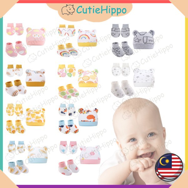 (Cartoon) Newborn Baby Hat Mitten Booties Set Infant Beanie Cap Kain ...