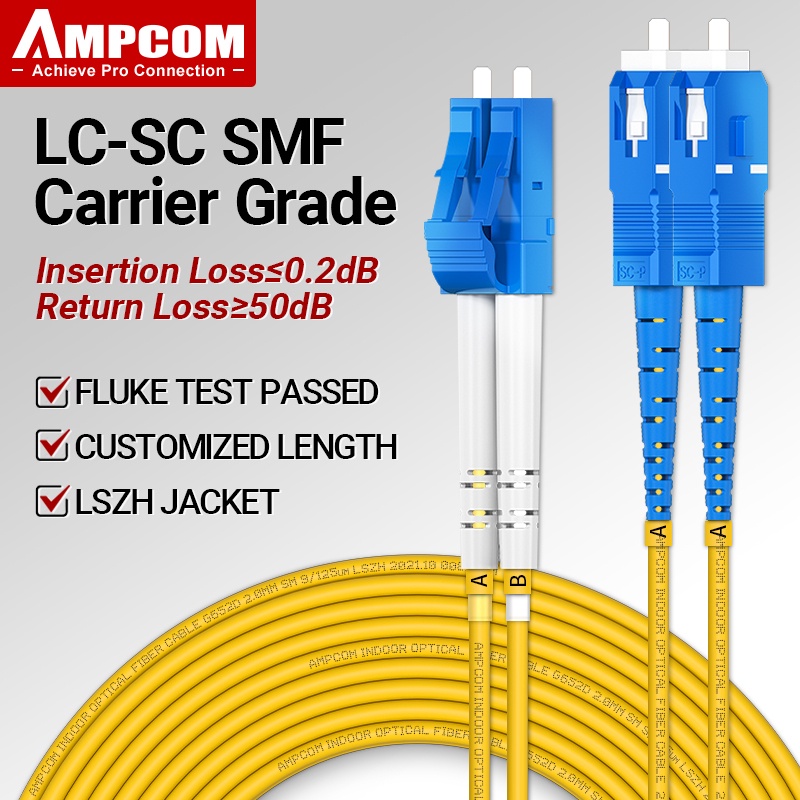 AMPCOM LC to SC UPC Fiber Optical Patch Cable Single Mode Duplex SMF 9/125μm Bend Insenve (2.0mm ...