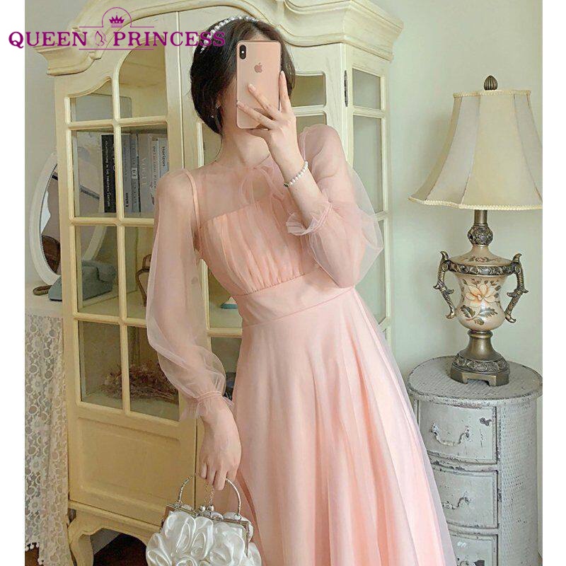 Queen princess dress women Korean style French sweet long sleeve pink ...