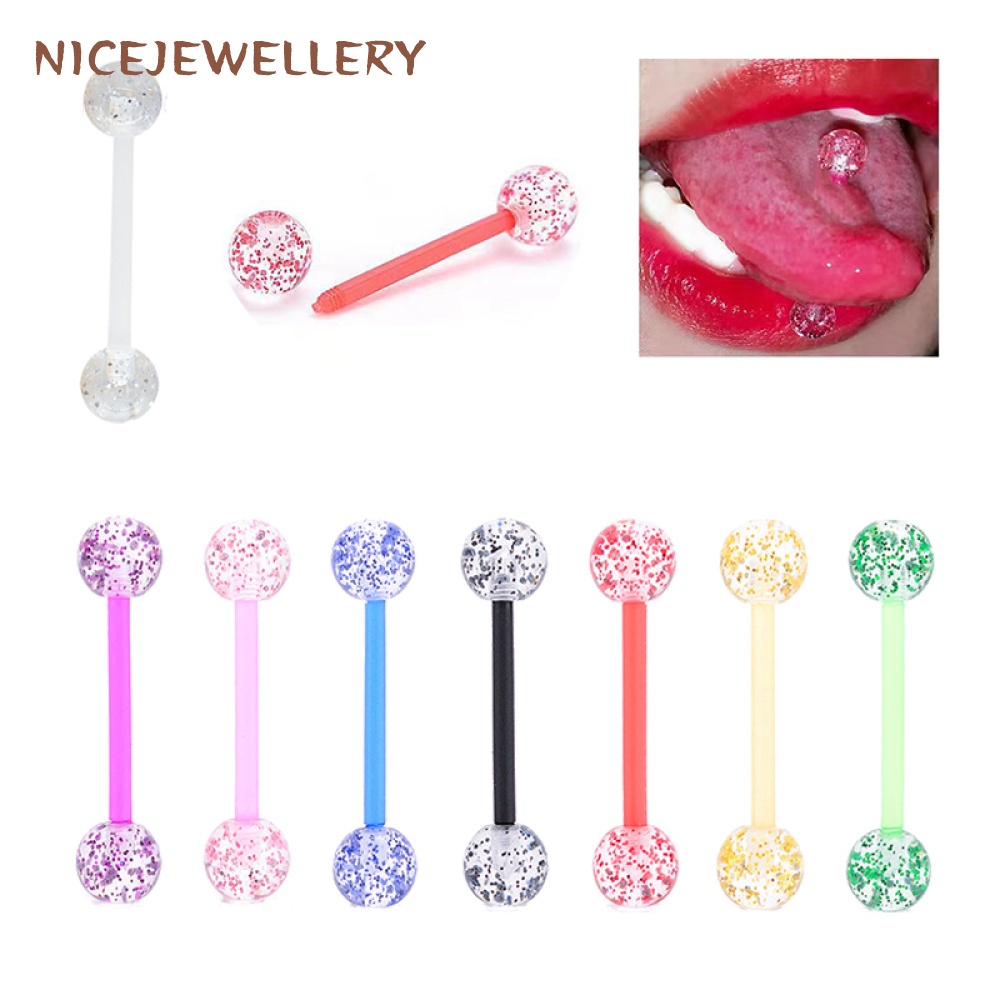1 PC 14G Tongue Piercings Acrylic Tongue Rings Double Ball Industrial ...