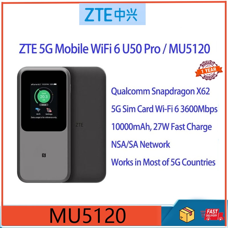 ZTE MU5120 5G Portable WiFi U50 Pro 10000mah 27W Fast Charge WiFi 6 ...