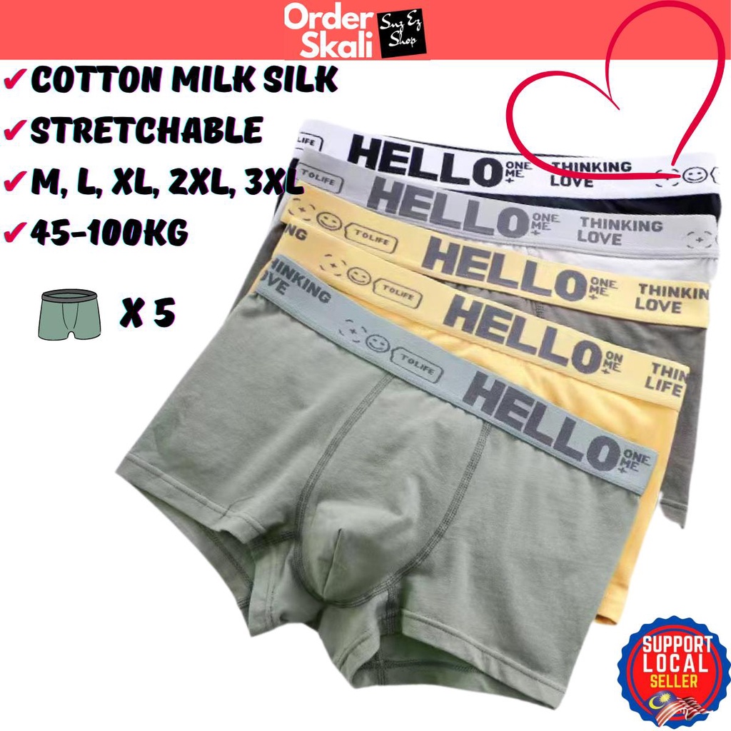 5pcs 40-100kg Men BoxerLelaki Hello Seluar Dalam Lelaki Dewasa Man ...