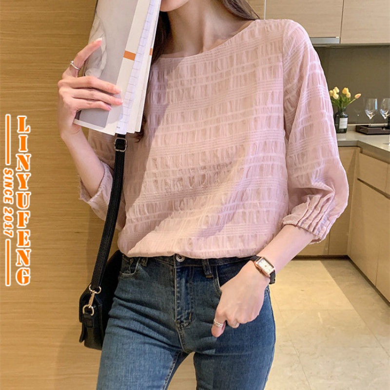 Women Chiffon Blouse Baggy Korean Style Round Neck 3/4 Sleeve Loose ...