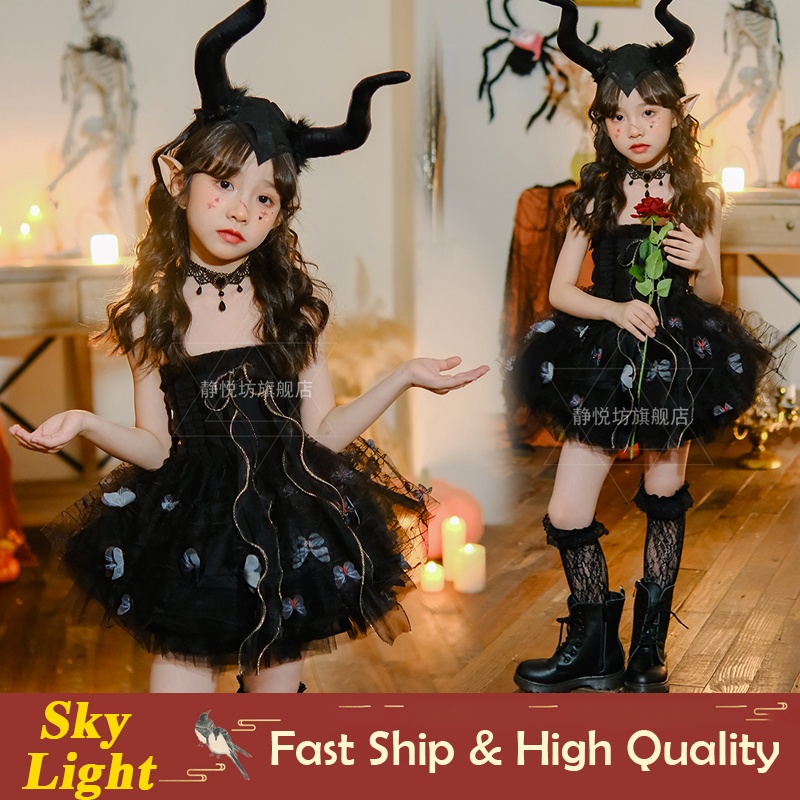 Ghost Bride Lace Black Dress For Kids Girl Halloween Horror Vampire ...