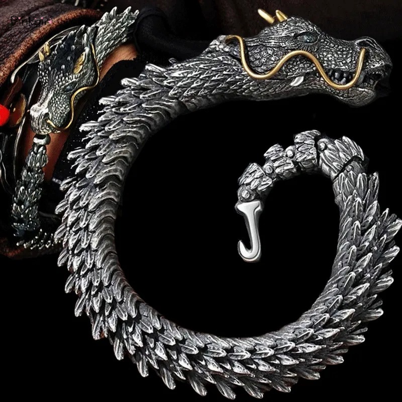 Gothic Vintage Chunky Domineering Dragon Head Keel Men Bracelet Rock ...
