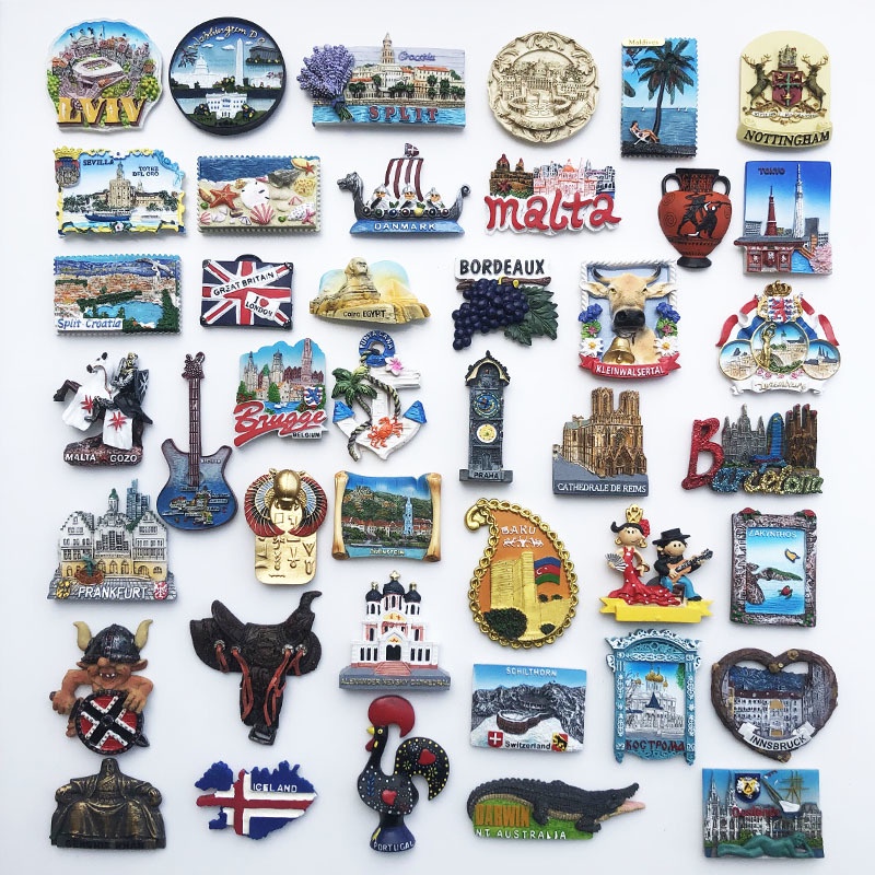 Refrigerators from various countries around the world are decorated ...