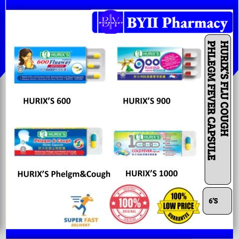 Hurix's 600 Fluaway/ 900 flucold /1000 Cold Fever/ Phlegm cough Capsule ...