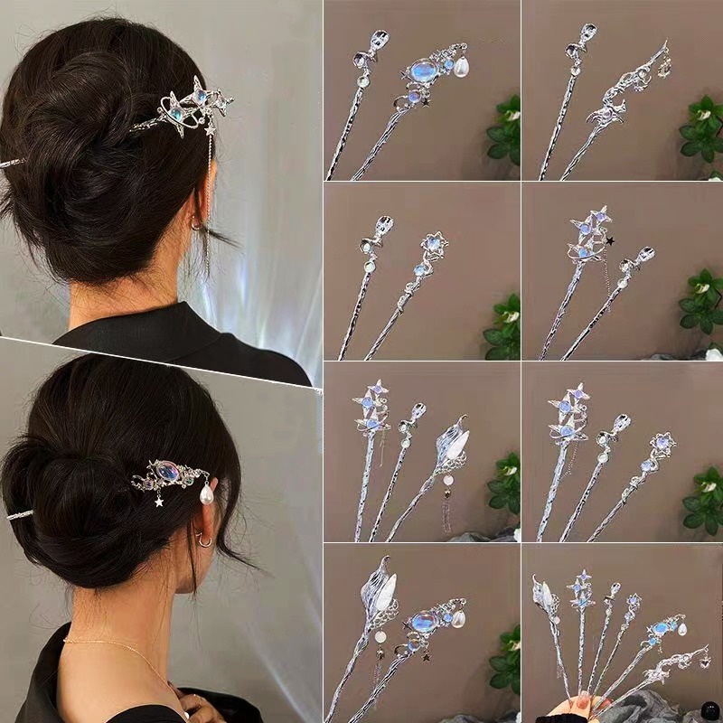 2023 new starry sky moonstone fringed hairpin girl hairpin metal disc ...