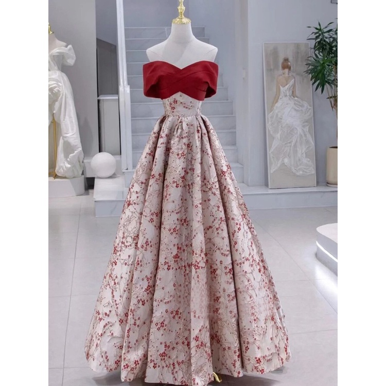 Wine Red Bridal Wedding Toast Dress Temperament Off Shoulder Satin ...