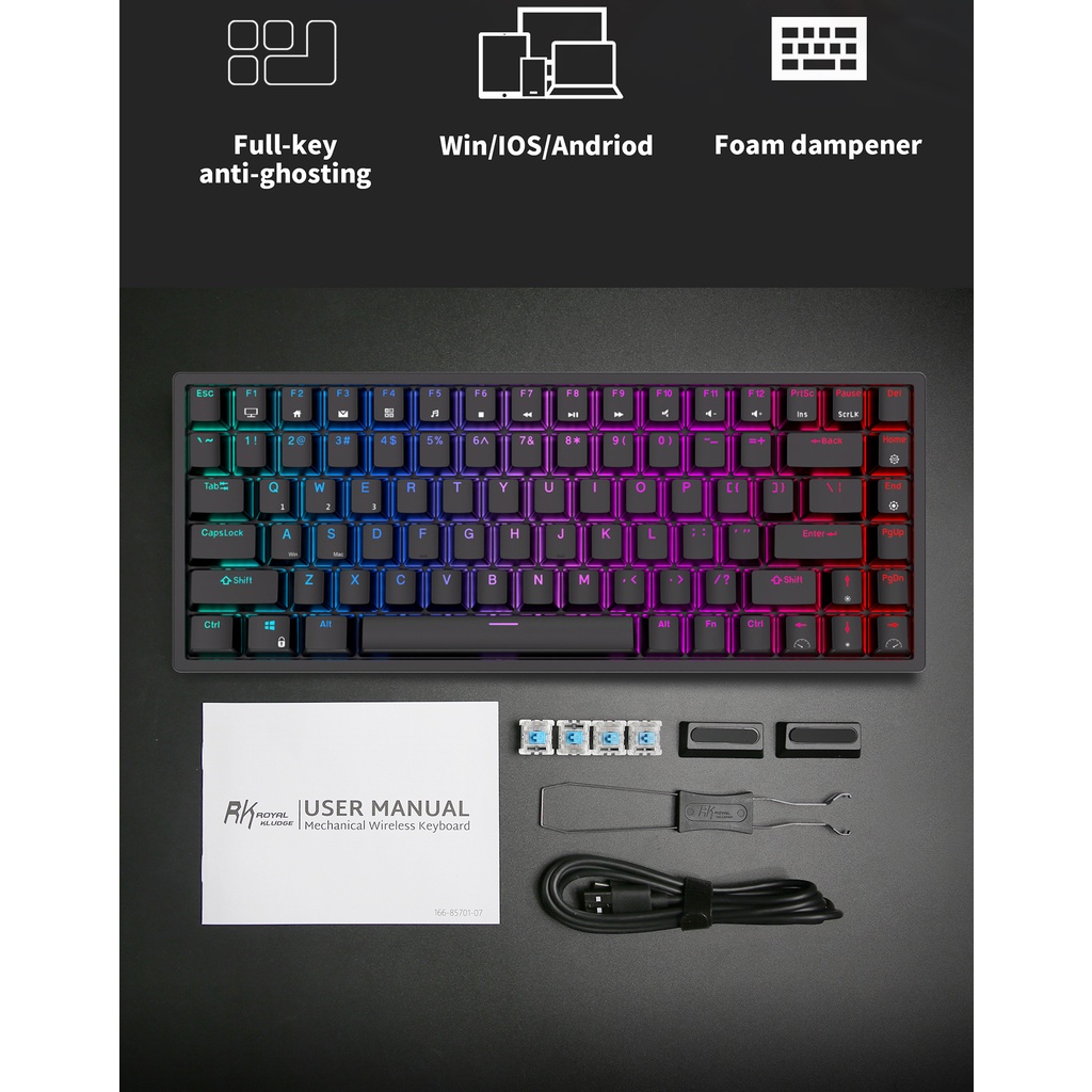 Royal Kludge RK84 Tri-Mode Hotswappable RGB Backlit Bluetooth 2.4G ...