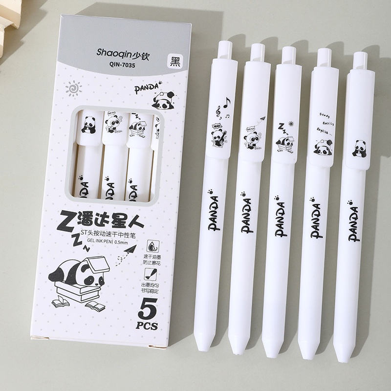 5 Pieces Panda Press Pen 0.5mm Black Gel Pen Office Stationary Student ...