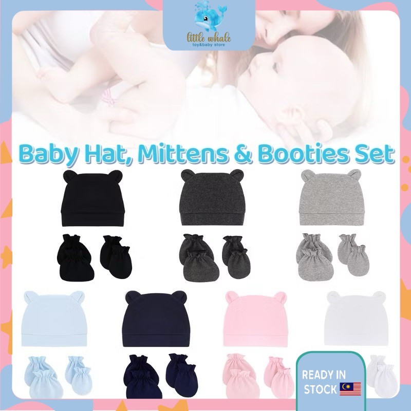 🐳Baby Mittens Booties Anti Scratching Soft Cotton Gloves Cute Ears Hat ...