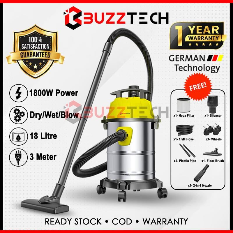 (1 YEAR WARRANTY) BuzzTech 1800W 18 Litre Wet & Dry Vacuum Cleaner Blower Blow Vacum Vaccum ...