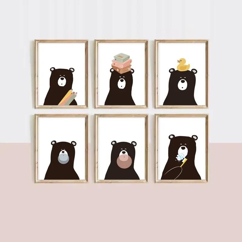 Seni Dinding Kanvas Beruang Coklat Kartun Comel - Gaya Nordik untuk ...