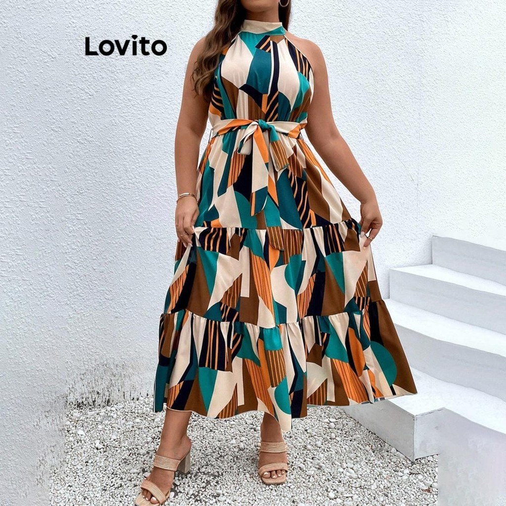 Lovito Plus Size Curve Boho Geometric Tiered Layer Dress for Women ...