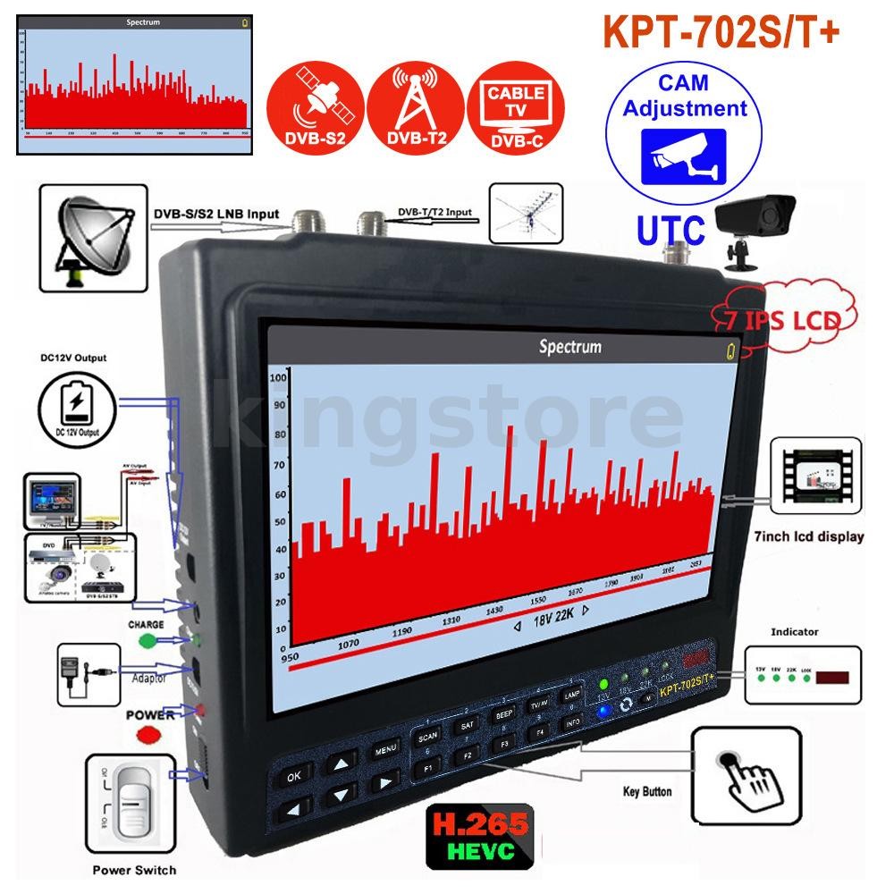 KPT-702ST+AHD Spectrum Satellite Finder DVB-S2/T2/C 7-inch LCD Touchscreen Signal Strength Meter ...