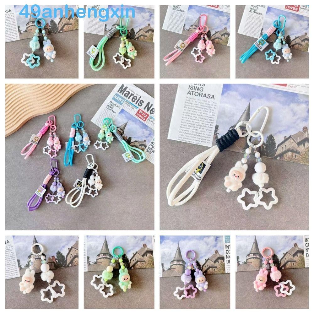 ANHENGXIN Sit Down Labubu Pendant, Ropes Kawaii Flocking Labubu Key ...