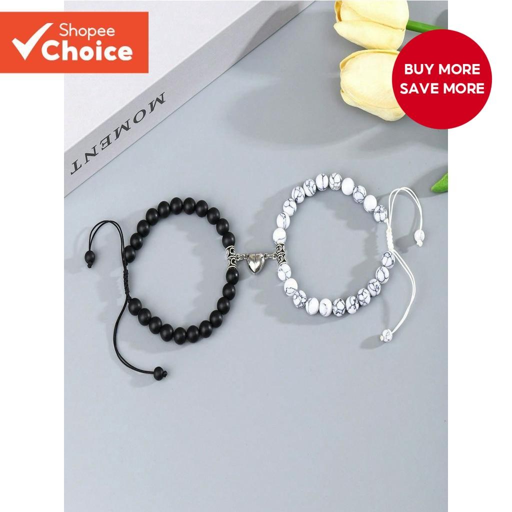 2PCS Magnetic Couple Bracelets Set - Heart Beaded Adjustable Wrist ...