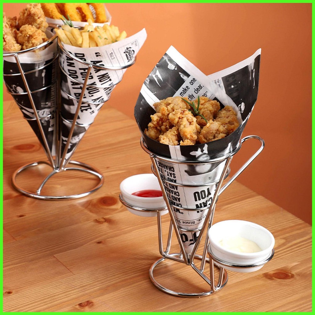Cone Shaped French Fry Holder With 2 Sauce Cups French Fries Stand Cone ...
