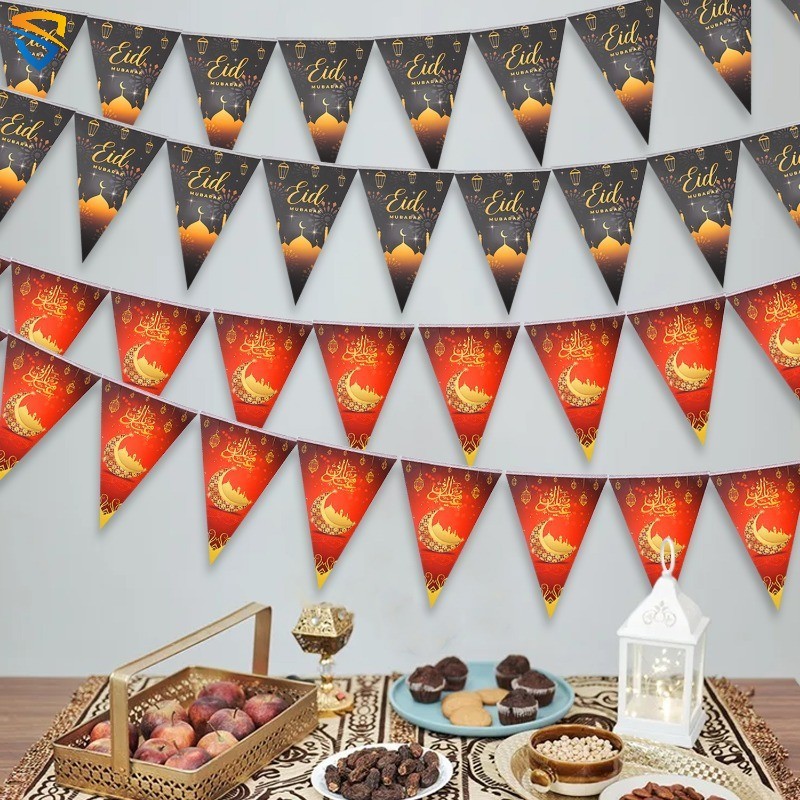 Ramadan Hanging Triangle Banner Moon Star Printed Paper Pull Flag Eid ...