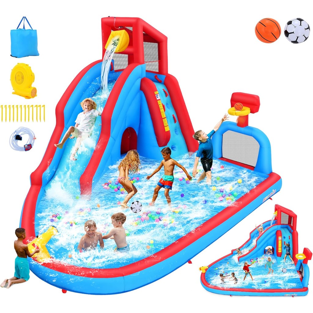 Inflatable Water Slide, 8-in-1 Waterpark with Tunnel, Soccer Goal ...