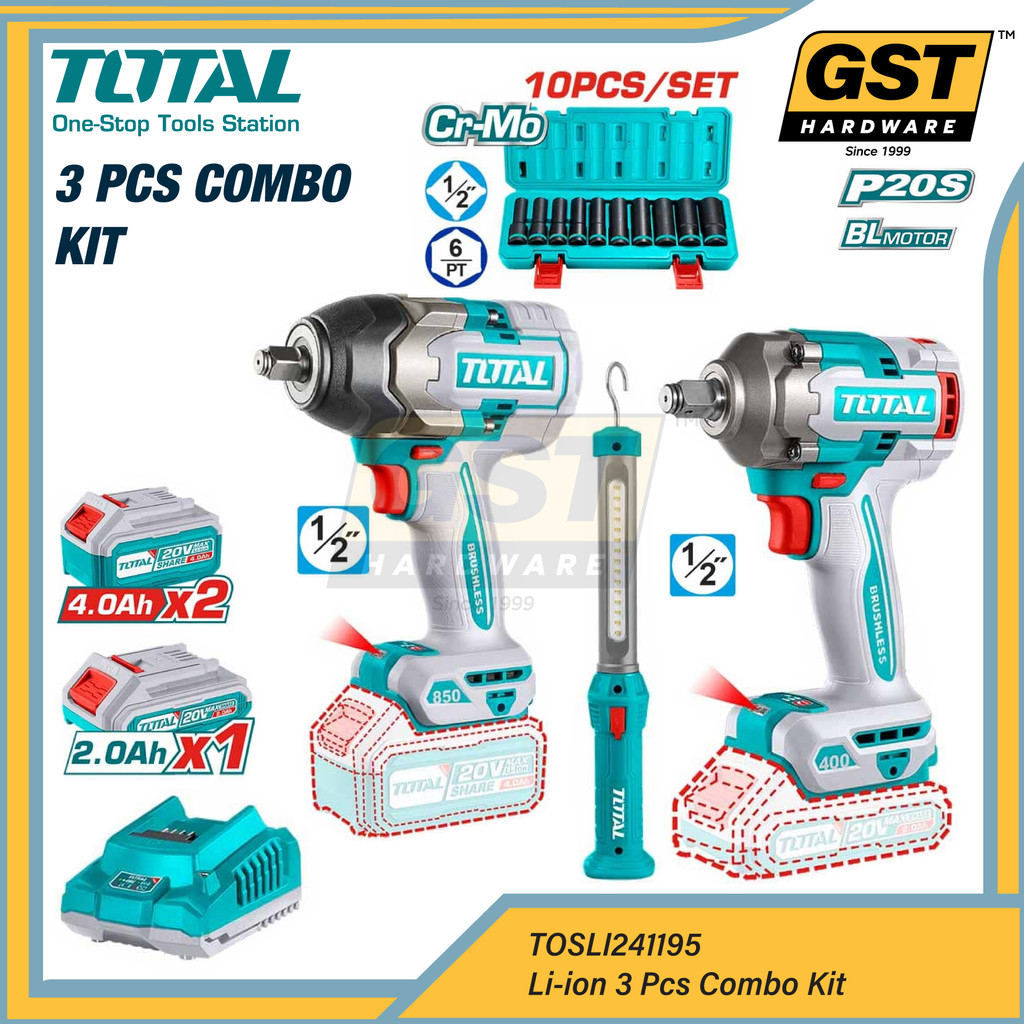 Total TOSLI241195 Li-ion 3 Pcs Combo Kit Impact Wrench + Work Lamp Kit ...
