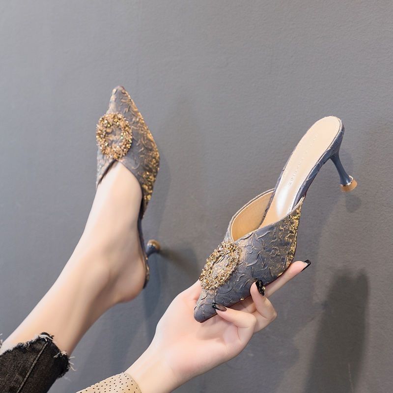Pleated Satin Bread Toe Half Slippers Women Outer Wear Rhinestone Round ...