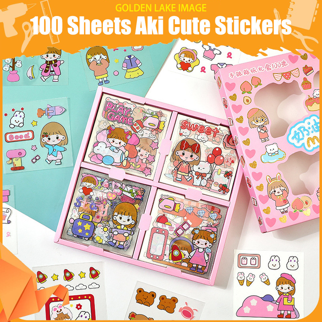 100 Sheets Aki Cute Stickers Transparent Cartoon Sticker Gift Box Dly ...