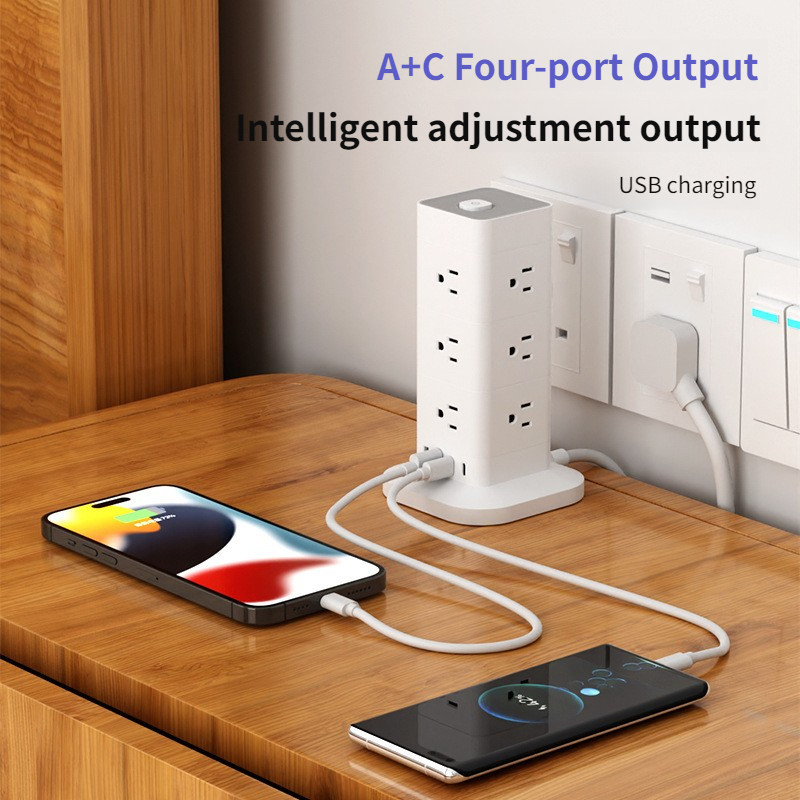 Household USB Charging Vertical Socket Multi Port Main Control Switch Type-C Tower Office ...