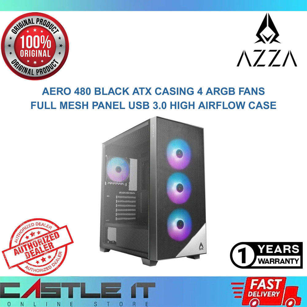 AZZA Aero 480 Black ATX Casing 4 ARGB Fans Full Mesh Panel USB 3.0 High ...