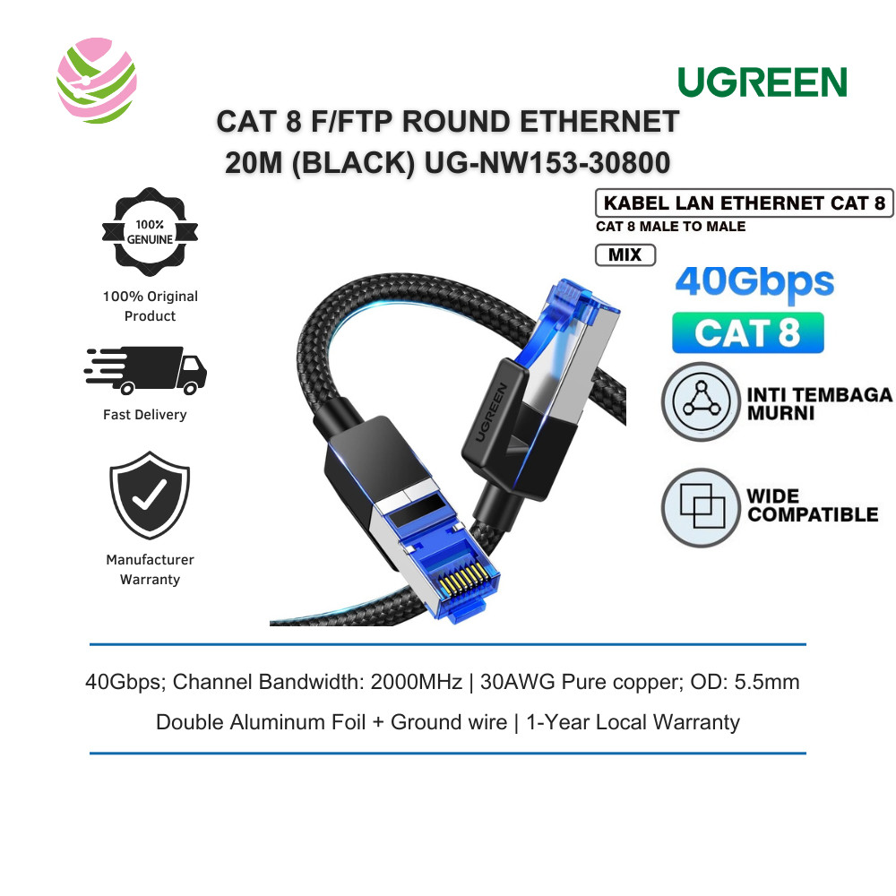 UGREEN CAT 8 F/FTP ROUND ETHERNET CABLE NYLON BRAID 20M (BLACK) UG ...