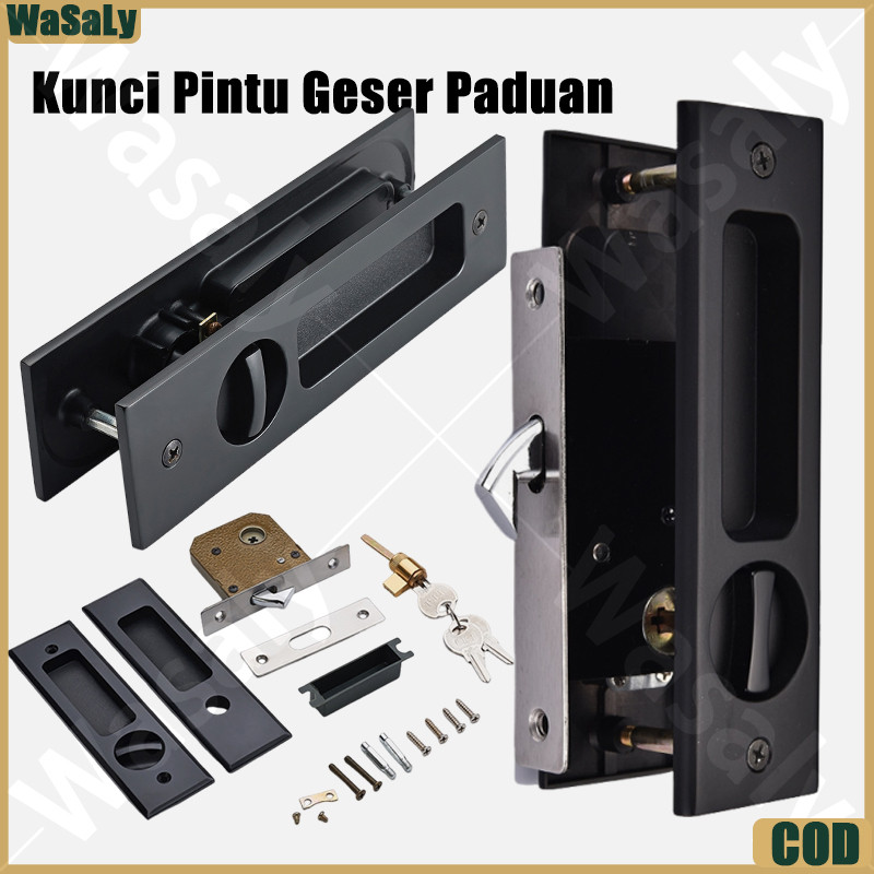 HITAM Silent Aluminum Black / Silver Sliding Door Lock Set Door Lock ...
