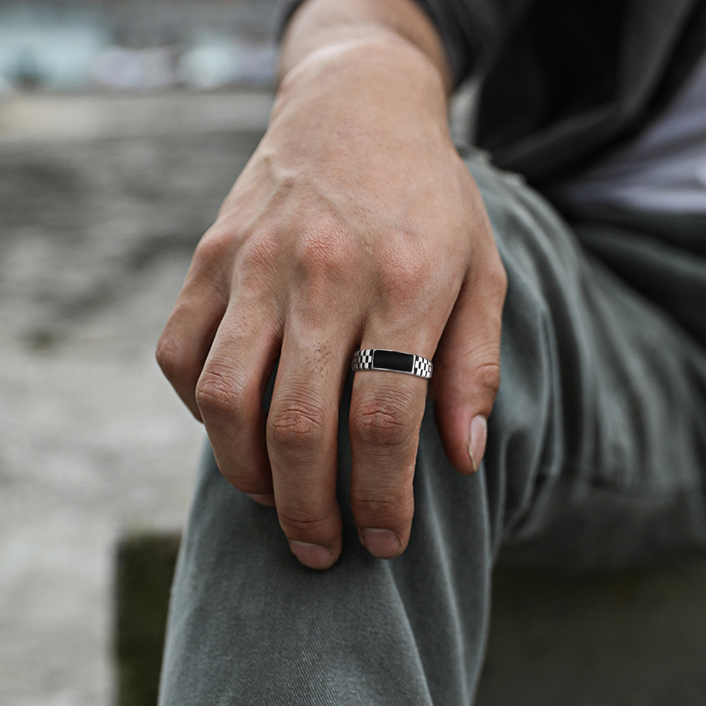 Vnox Classic Black Square Ring Checkered Adjustable Ring for Men ...