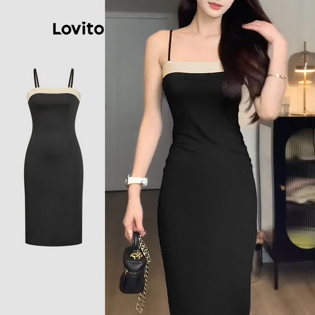 Lovito Casual Plain Colorblock Sleeveless Bodycon Midi Dress for Women ...