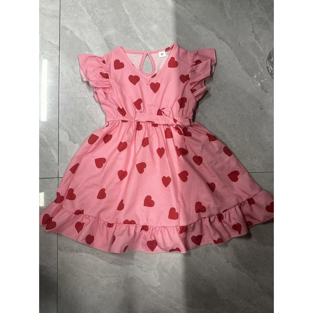 Popp-Little Girl Valentin Dress Heart Print Flutter Sleeve V-Neck A ...