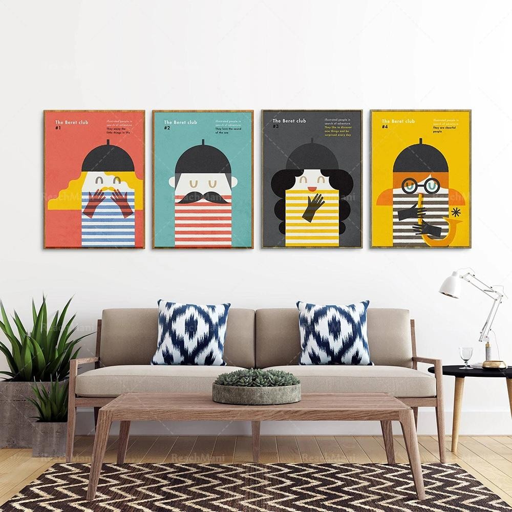 Poster terillustrasi, cetakan watak geometri minimalis, seni dinding ...