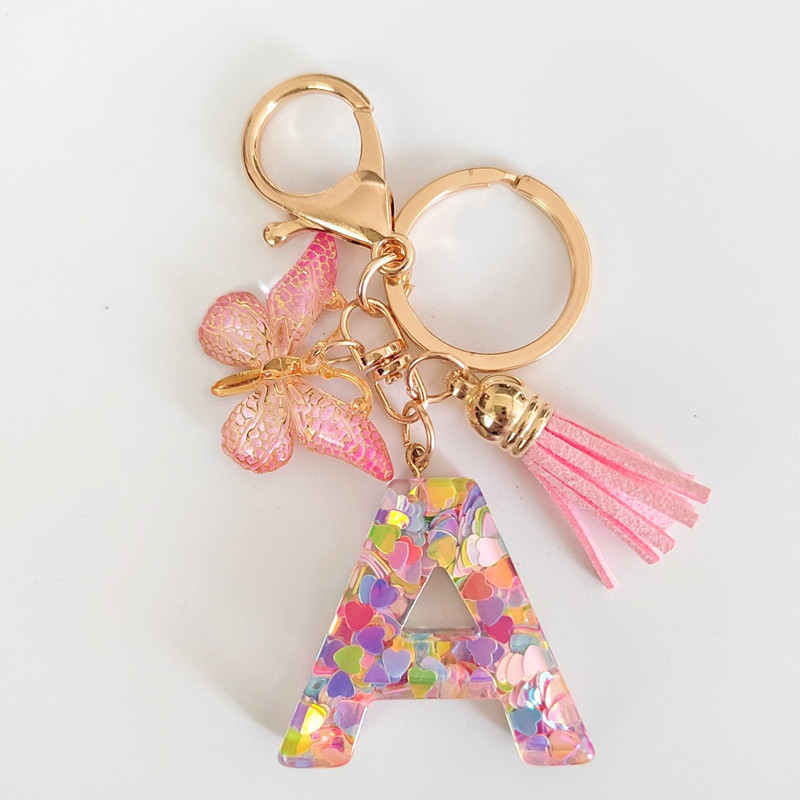 Pink Sequin Epoxy Letter Keychain Pendant with Butterfly Tassel ...