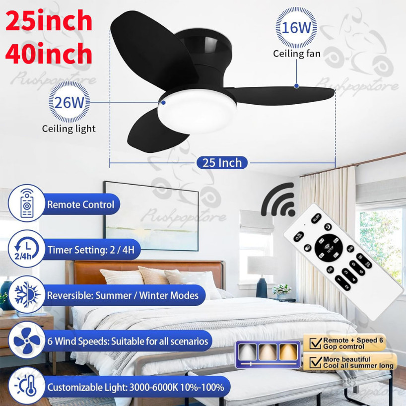 40" 25'' Ceiling Fan with Light 6 Speeds Remote Control Ceiling Fan ...