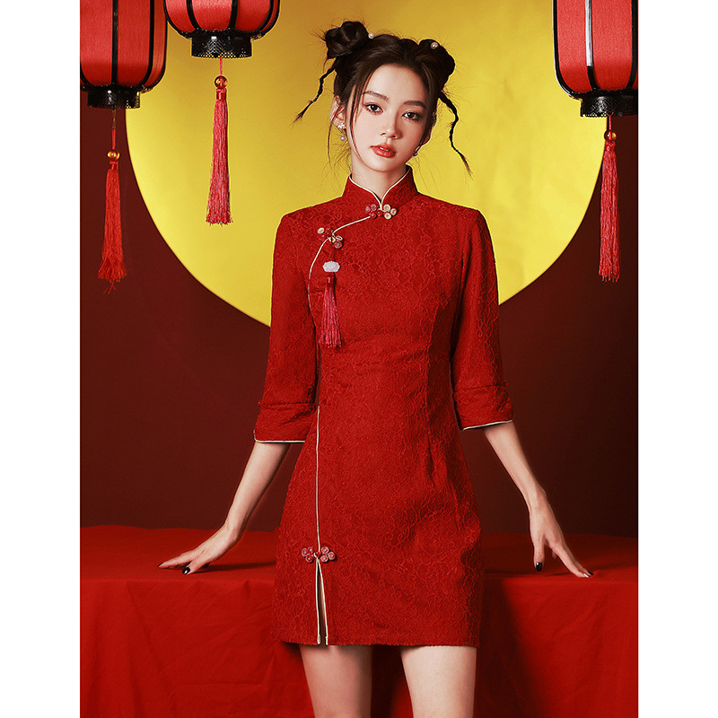 New Trend Style Chinese Cheongsam Red Dress Short Chinese Style Daily ...