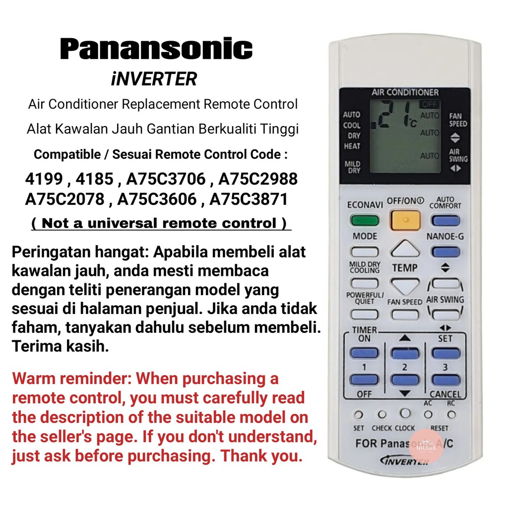 Panasonic inverter air conditioner Replacement Remote Control 4185 / ...