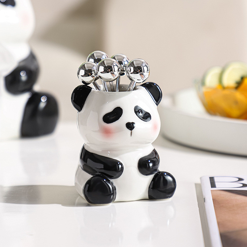Baru kreatif comel panda tembikar garpu buah-buahan boleh set aksesori ...