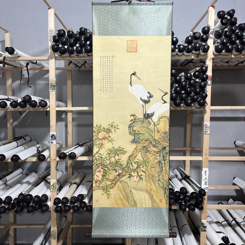 Qing Zou Yigui Pantao Double Crane Chart Scroll Painting High-End ...