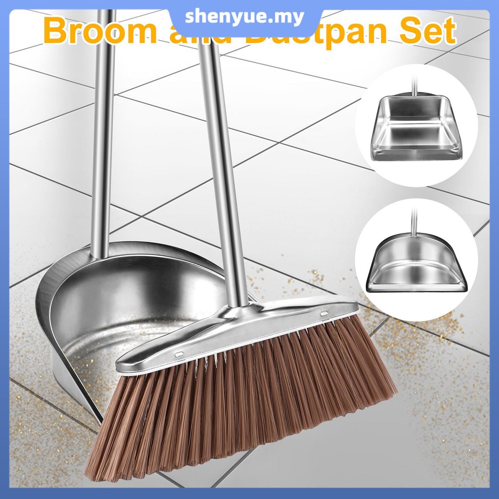 Broom and Dustpan Set with Long Handle Heavy Duty Stainless Steel Dustpan with Broom Upright ...